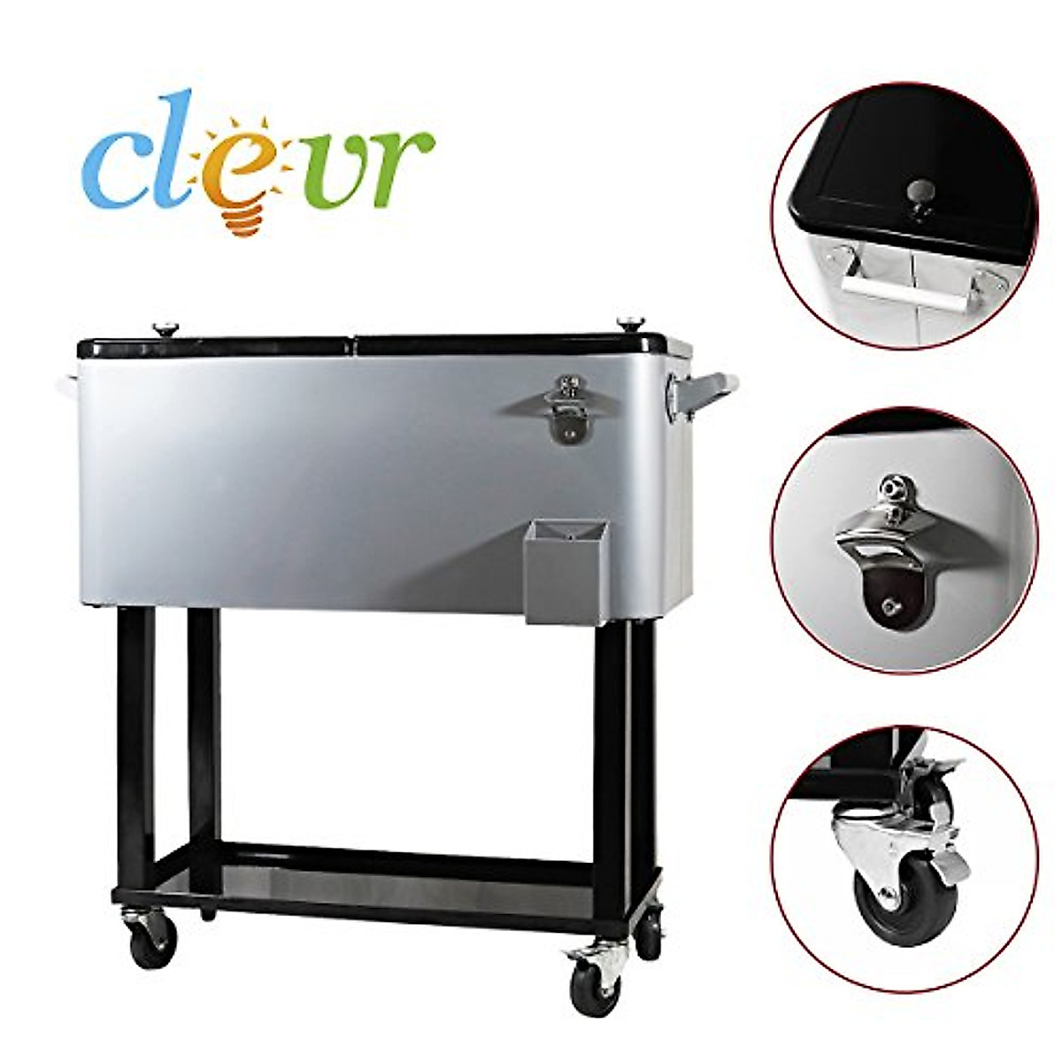80 Quart Qt Rolling Cooler Ice Chest for Outdoor Patio Deck Party, Grey, Portable Party Bar Cold Drink Beverage Cart Tub, Backyard Cooler Trolley on Wheels with Shelf, Stand, & bottle opener