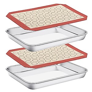 Baking Sheet with Silicone Mat Set of 4 [2 Sheets + 2 Mats], Deedro Stainless Steel Cookie Sheet Baking Pan with Silicone Baking Mat, 9 x 7 x 1 Inch, Non Toxic, Heavy Duty, Easy Clean