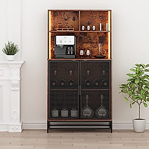Auromie Wine Bar Cabinet with LED Lights, 4-Tier Coffee Bar Cabinets with Storage Shelves, Industrial Kitchen Storage Cabinet with Wine Rack, Freestanding Liquor Cabinet with Glass Holder, Rustic