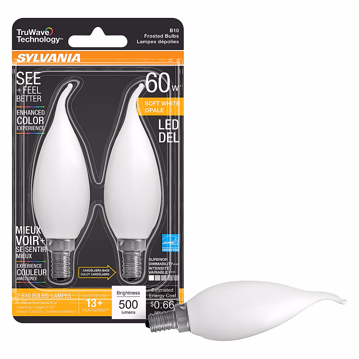 SYLVANIA LED TruWave Natural Series Décor B10 Light Bulb, 60W Equivalent Efficient 5.5W, 500 Lumens, Candelabra Base, Dimmable, Frosted, 2700K, Soft White - 2 pack (40781)