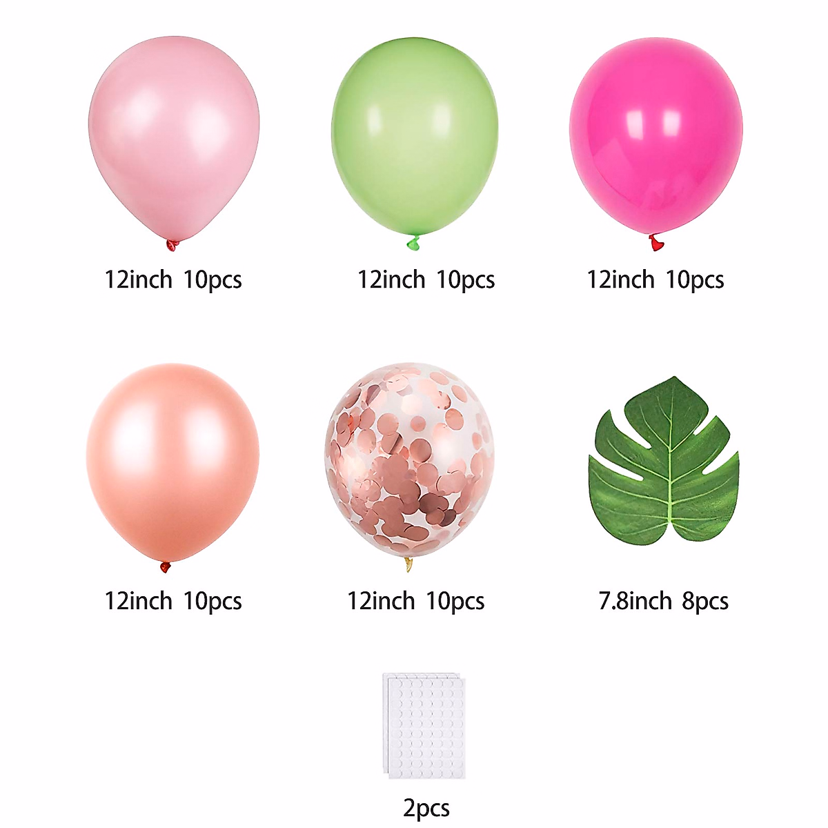 Tropical Luau Birthday Party Balloons, 60 pcs Pink Green Rose Gold Confetti Balloons with Palm Leaves for Tropical Birthday Party Hawaii Luau Summer Party Decoratoins.