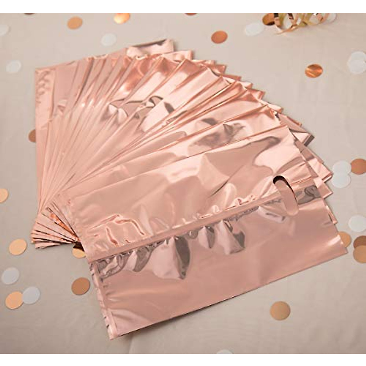 UNIQOOO 60 Metallic Foil Rose Gold Wedding Favor Bags, Party Treat Bags Bulk, Gift Candy Cookie Buffet Bags, Great for Wedding, Baby Shower, Birthday Party, Events, Celebrations - 9 3/4” x 6 1/2