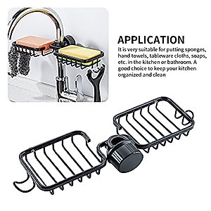 Faucet Sponge Double Holder, Sink Caddy Stainless Steel Faucet Drainage Shelf for Kitchen Sink, Shower Caddy Hanging Bath Shelf Organizer Basket, With Hook Drain Shelf (Black)