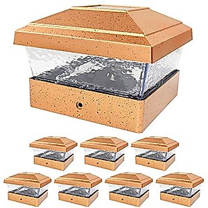 8 Pack Copper Outdoor Garden 5 x 5 Solar LED Post Deck Cap Square Fence Light Hammered Lens Landscape Lamp PVC Vinyl