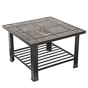 Fire Pit Set, Wood Burning Pit - Includes Screen, Cover and Log Poker - Great for Outdoor and Patio, 30 inch Square Marble Tile Firepit by Pure Garden, Black