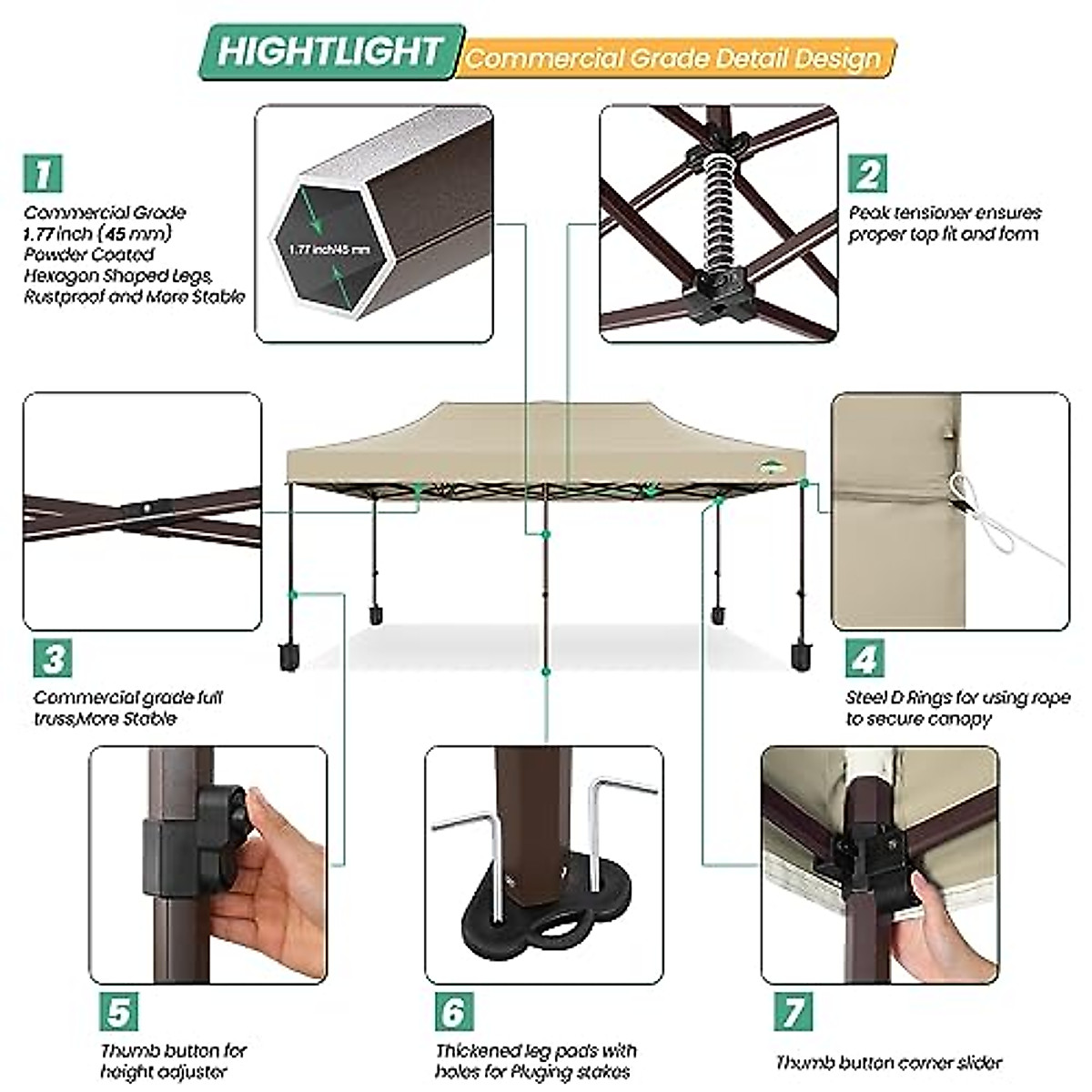 COBIZI Heavy Duty 10x20 Pop up Canopy Tent with 6 Sidewalls, Commercial Instant Canopies Tents for Parties Waterproof Gazebos with Roller Bag, All Season Wind & Waterproof UPF50+,Thickened Frame