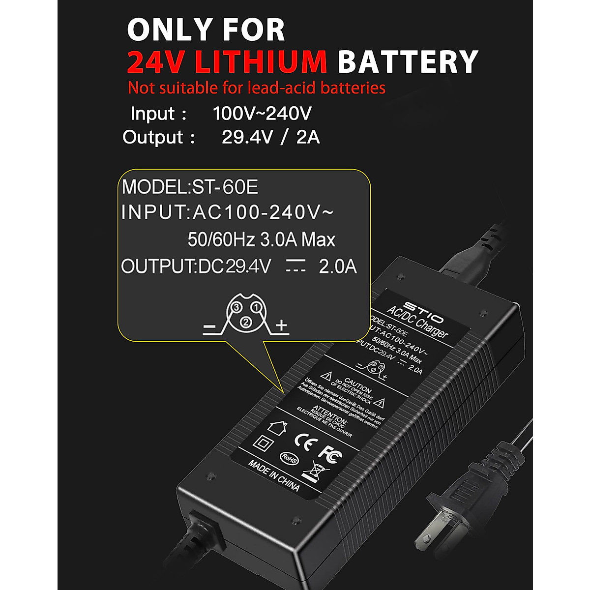 stio Universal Battery Charger for Razor, 29.4V 2A Power Supply 3Prong DC5.5-2.5/2.1 XLR Connector for Wheelchairs, Dirt Quad, Sports Mod 24V Lithium Battery Power Adapter