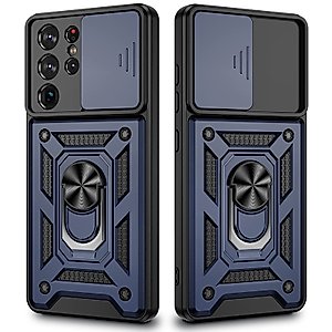 VEGO Compatible for Galaxy S21 Ultra Case with Slide Camera Cover & Kickstand, Built-in 360° Rotate Ring Stand Magnetic Cover Case for Samsung Galaxy S21 Ultra 5G 6.8 inch - Blue