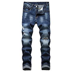 Men's Lightweight Hip Hop Jeans Ripped Straight Leg Washed Denim Jeans Vintage Stretch Distressed Jean Pants (Dark Blue,30)