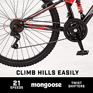 Mongoose Status 2.2 Mountain Bike for Men and Women, 26-Inch Wheels, 21-Speed Shifters, Aluminum Frame, Front Suspension, Black/Red