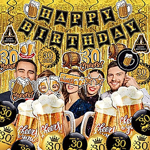 30th birthday decorations for him men - (60pcs) black gold party Banner, 40 Inch Gold Number Balloons,30th Sign Latex Balloon,Fringe Curtains and cheers to you Foil Balloons,Hanging Swirl,photo props
