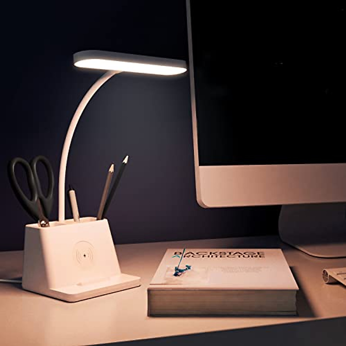 Tapwak Small Desk Lamp with Wireless Charger, White Gooseneck Desktop Lamp, Study Lamps for Bedrooms/Small Spaces Desk Lights for Home Office with Pen Holder, Cute Desk Lamp for College Dorm Room