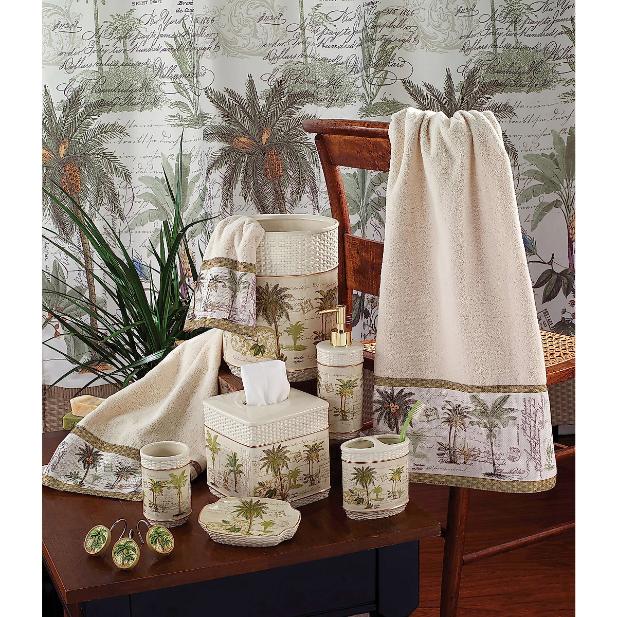 Avanti Linens - Waste Basket, Tropical Inspired Bathroom Accessories, Decorative Trash Can for Home or Office (Colony Palm Collection)