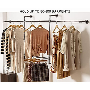 ZYUXUAN Industrial Wall Clothes Rack, Heavy-Duty Clothing Rack, Pipe Style Garment Rack with Four Hanging Rods for Bedroom, Laundry Room, Retail Store, Rustic Black (four hanging rods)