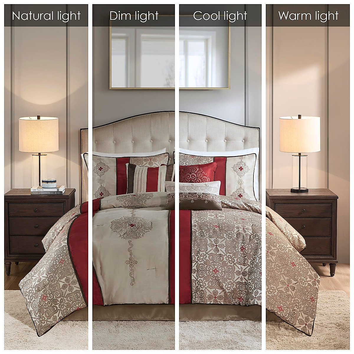 Madison Park Comforter Faux Silk-Traditional Luxurious Jacquard Design All Season Set, Matching Bed Skirt, Decorative Pillows, Cal King(104"x92"), Red 7 Piece