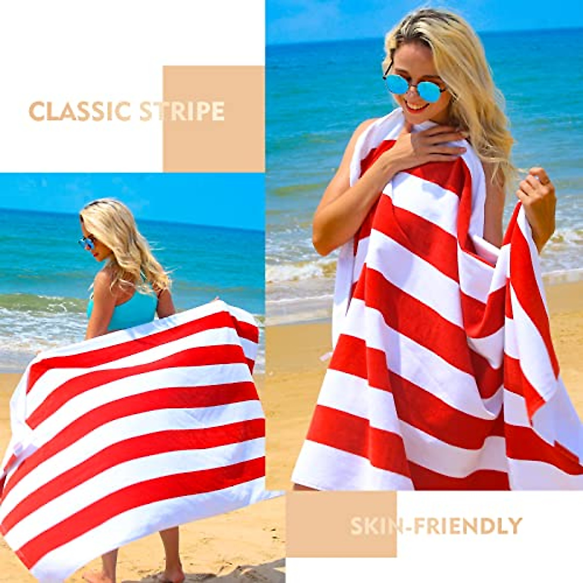 Exclusivo Mezcla 2-Pack 100% Cotton Oversized 35"x70" Cabana Stripe Beach Towels, Super Absorbent Soft Plush Pool Towel, Bath Towel (Red)