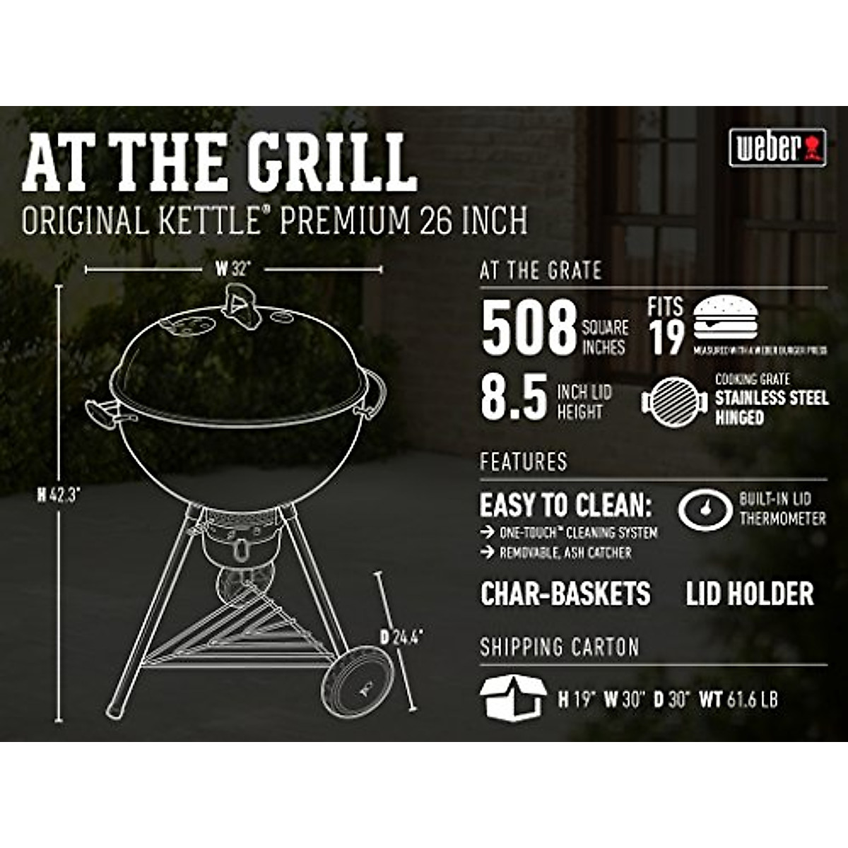 Weber Original Kettle Premium 26 Inch Charcoal Grill, Black