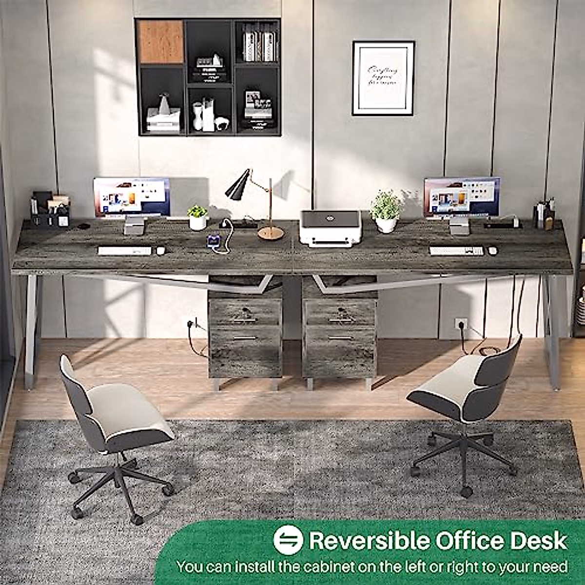 Homieasy Computer Desk with File Cabinet & Charging Station, Heavy Duty Home Office Executive Desk with Storage Drawers, Sturdy Spacious Workstation with Power Strip Cable Grommets, Black Oak