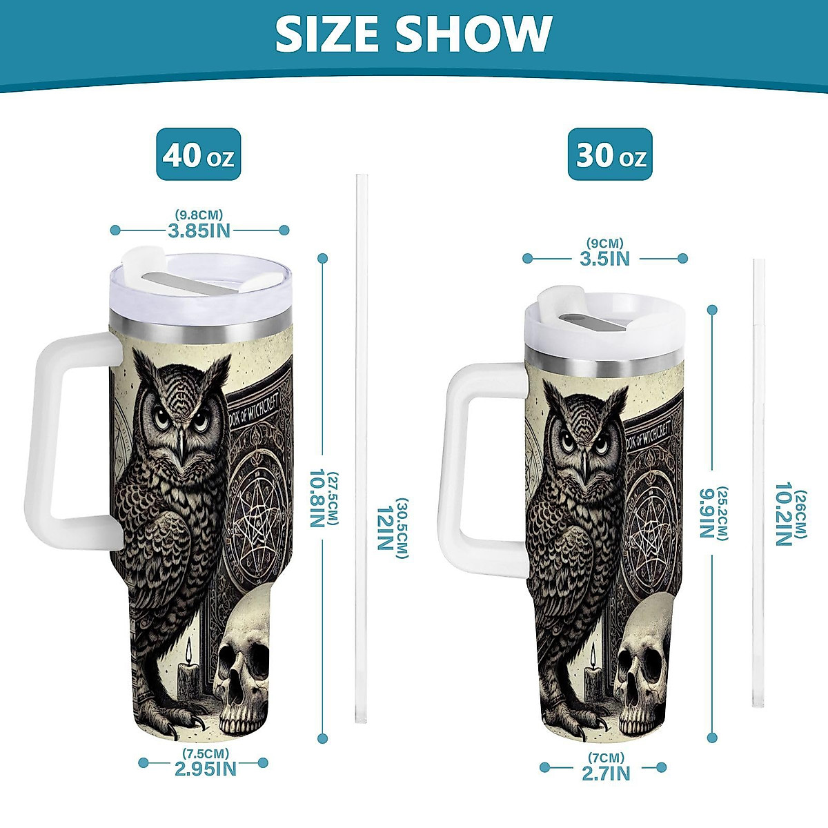 ODAWA Mystic Owl Skull Coffee Tumbler with Lid and Straw Insulated Mug 30 Oz Stainless Steel Water Bottles