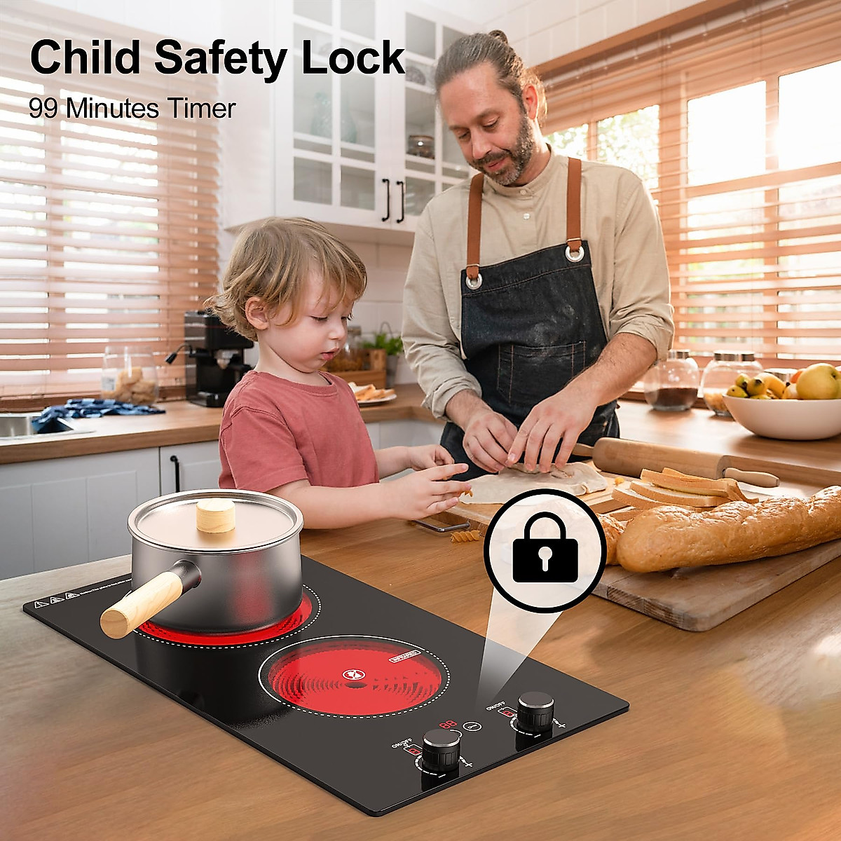 Electric Cooktop,110V 2400W Electric Stove Top with Knob Control, 11 Power Levels, Kids Lock & Timer, Hot Surface Indicator, Overheat Protection,Built-in and Countertop 2 Burner Electric Cooktop