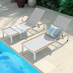 Grand patio Outdoor Chaise Lounge Set of 2 Mesh Sling Lounge Chairs with Woodgrain Texture, Portable Wheels & 4 Adjustable Reclining Backrest Positions for Poolside Beach White 2PCS