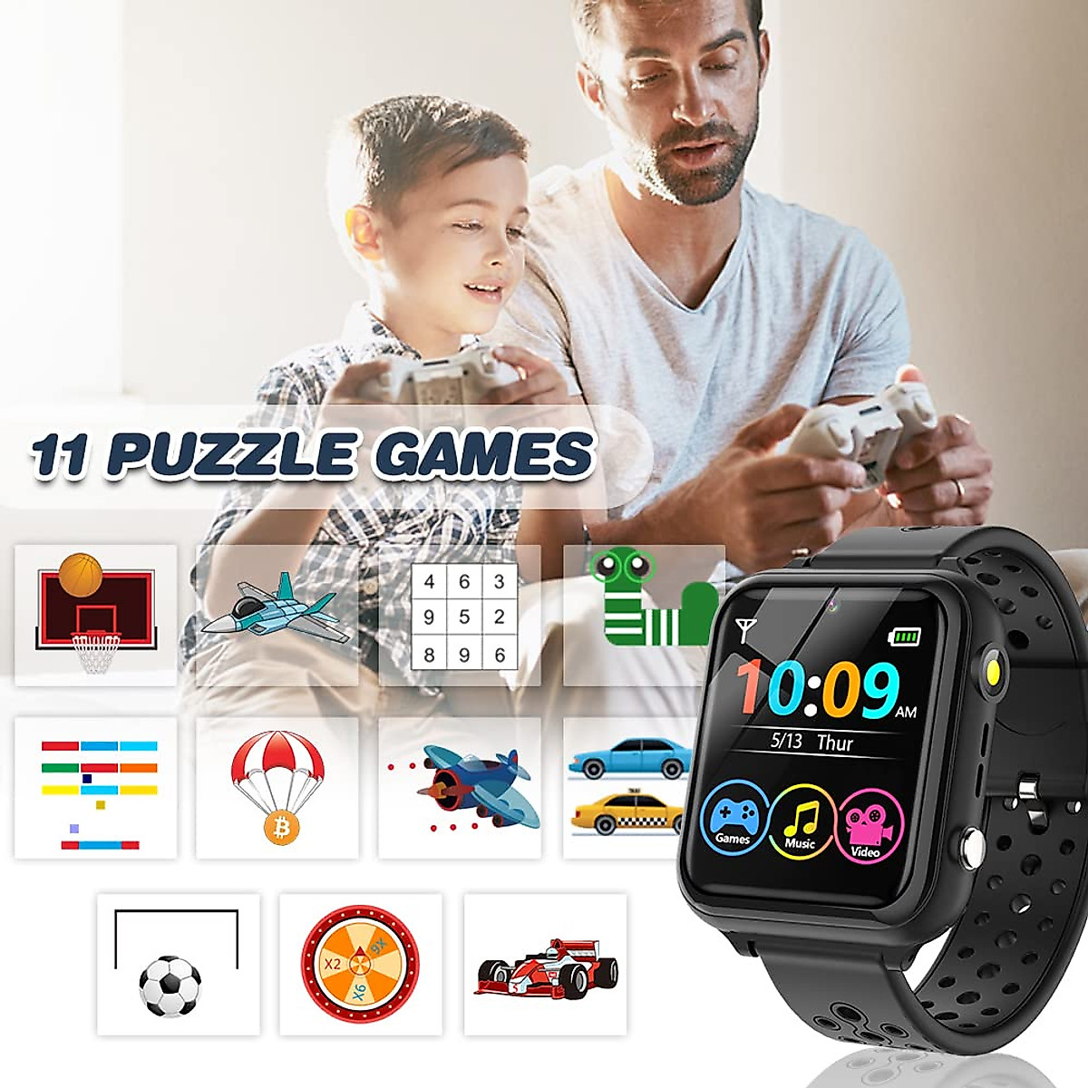 Smart Game Watch for Kids, IP67 Waterproof Kids Smart Phone Watch with 11 Puzzle Games 1.44" HD Touch Screen Music Player Camera Video Recorder Alarm Clock Birthday Learning Toys Boys Girls (Black)