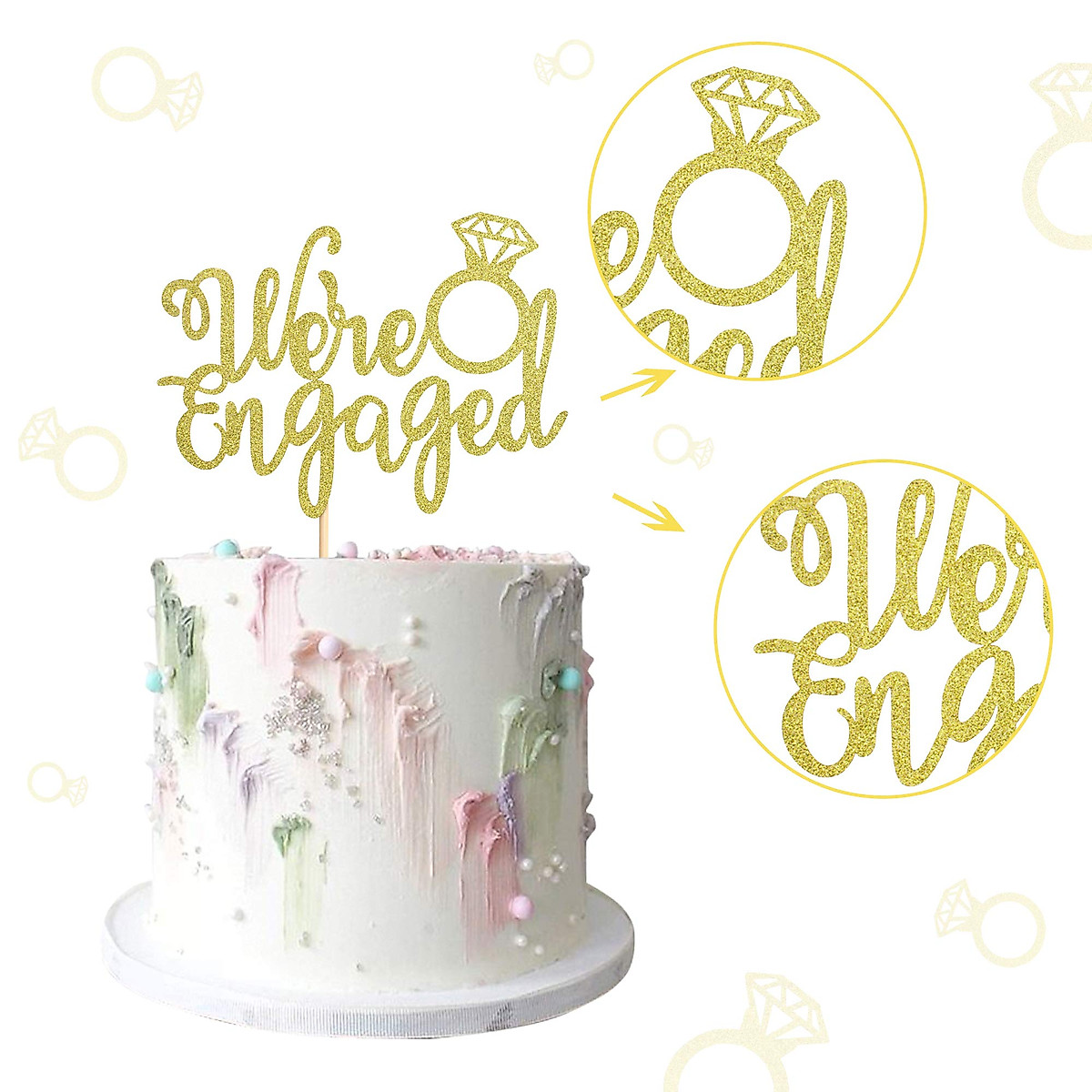 Ercadio 1 Pack Gold We're Engaged Cake Topper Glitter Bridal Shower Cake Pick Decorations for Wedding Engagement Theme Party Decorations