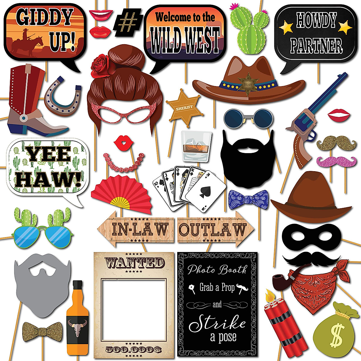 Western Photo Booth Props - 41-pc Photo Prop Kit with 8 x 10-Inch Sign, 60 Adhesive Pads, 45 Sticks - Photo Booth Props Country Theme - Wild West Photo Props