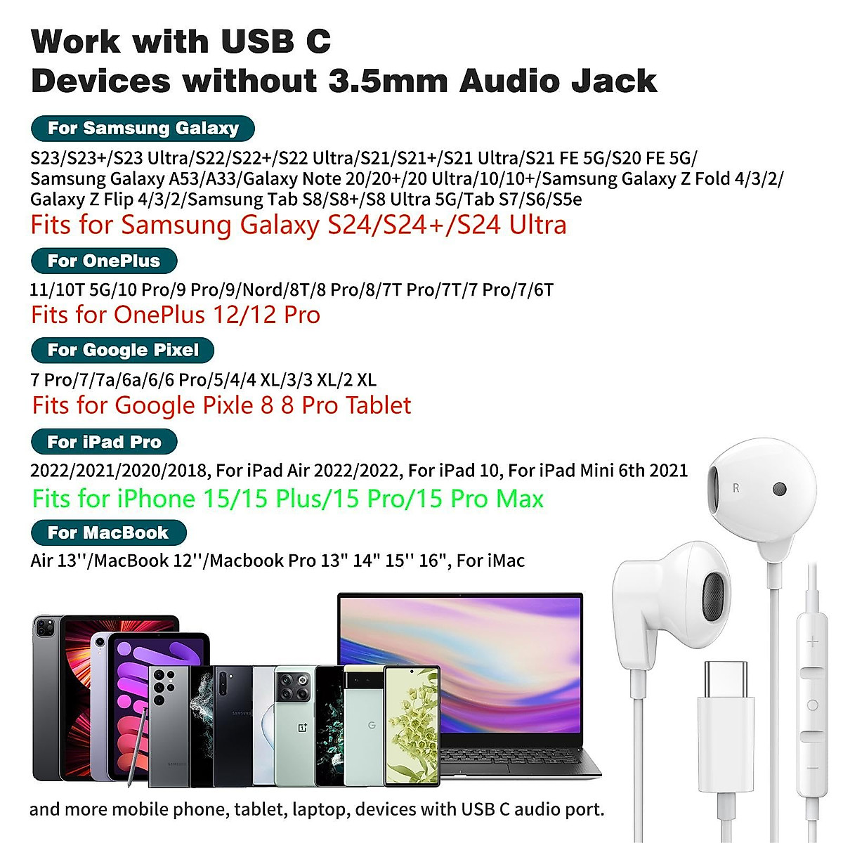 HGCXING USB C Headphone for iPhone 16 15 Pro Max Samsung S25 Ultra S24 FE Galaxy Tab S10+, HiFi Stereo Type C Earphone with Microphone, Wired Earbuds with Volume Control for iPad 10 Google Pixel 9 Pro