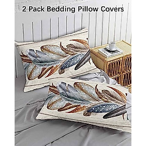 Edwiinsa Brown Blue Feather Pillow Covers Standard Size Set of 2 Bed Pillow, Farmhouse Wooden Striped Grain Plush Soft Comfort for Hair/Skin Cooling Pillowcases with Envelop Closure 20''x26''