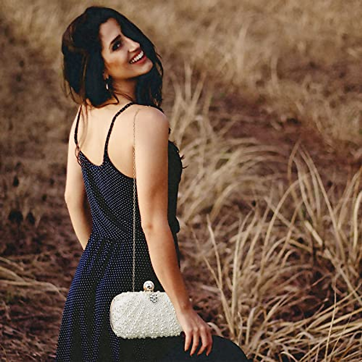 Tanpell Women's Pearl Evening Bags Rhinestone Beaded Clutch Purses for Wedding Bridal Handbag Ladies Prom Cocktail Party Purse (Beige-3)