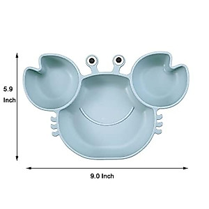 PandaEar 2 Pack Silicone Suction Plates for Baby, Divided Unbreakable Toddler Plate with 2 Pack Spoons for Self Feeding, Babies Utensils Feeding Set Baby Eating Supplies, Crab & Bee Shape -Blue&Green