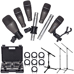 Samson DK707 7-Piece Drum Microphone Kit with 2 Tripod-Base Mic Boom Stands, Low Profile Microphone Stand with Telescoping Boom and 7 Premium XLR Mic Cables