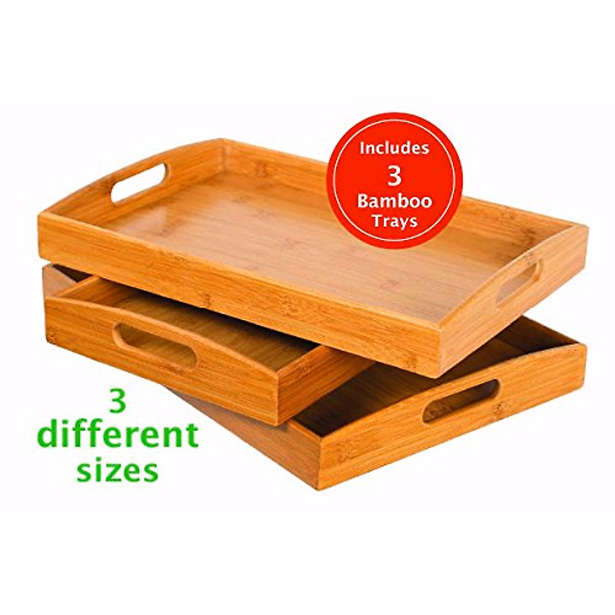 BirdRock Home 3 pc Breakfast Bed Tray (Rounded) - Bamboo - Cut Out Handles - Set of 3 - Bamboo - Nesting