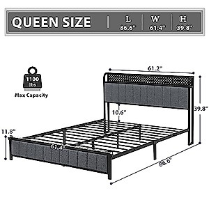 BTHFST Queen LED Bed Frame with Storage Headboard, Upholstered Metal Platform Bed Frame with USB Ports & Charging Outlets, No Squeak, Verticle Channel Tufting, Dark Gray
