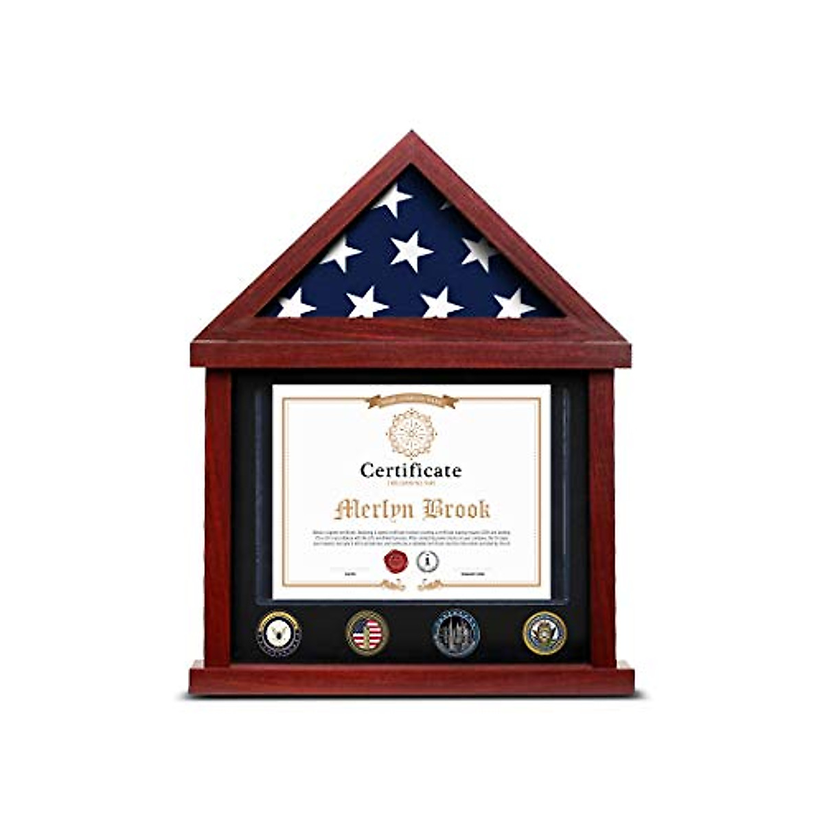 flybold Small Flag Case for American Veteran Burial Flag - Solid Wood Military Shadow Box with Wall Mount fits a 3 x 5 ft Folded Flag Display Case Set with Certificate Holder - Mahogany Frame