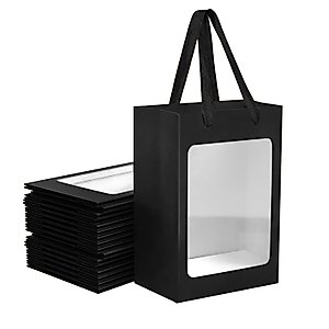 12 Pcs Black Kraft Paper Gift Bags with Transparent Window, 9.84"x7.0"x5.12" Kraft Shopping Bags with Handles for Present, Festivals Party