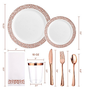 175 Piece Rose Gold Dinnerware Set 25 Guest-50 Rose Gold Lace Plastic Plates-25 Rose Gold Plastic Silverware-25 Rose Gold Plastic Cups-25 Rose Gold Paper Napkins, FOCUSLINE Disposable Dinnerware Set