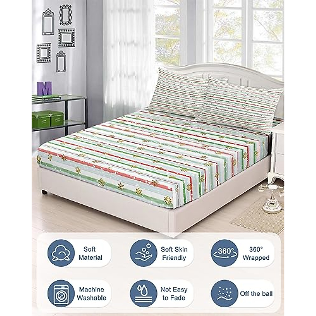 Full Size Fitted Sheet Bed Set Merry Christmas Red Green Stripe Deep Pocket Soft Bottom Sheets&Pillowcases for Bedroom Decor Winter Gold Snowflake Texture,Fits Mattress Up to 16" Deep