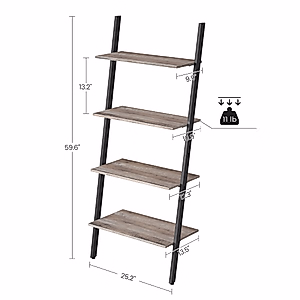 VASAGLE Ladder Shelf, 4-Tier Bookshelf, Storage Rack Shelves, for Living Room, Kitchen, Office, Steel, Stable, Sloping, Leaning Against The Wall, Industrial, Greige and Black ULLS043B02