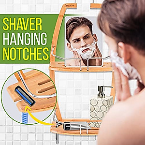 SereneLife Bamboo Hanging Shower Caddy - 2 Tier Wood Rustproof Waterproof and Natural Bamboo Bathroom Wall Organizer with Stainless Steel Shelf Rack for Shampoo, Conditioner and Soap Storage