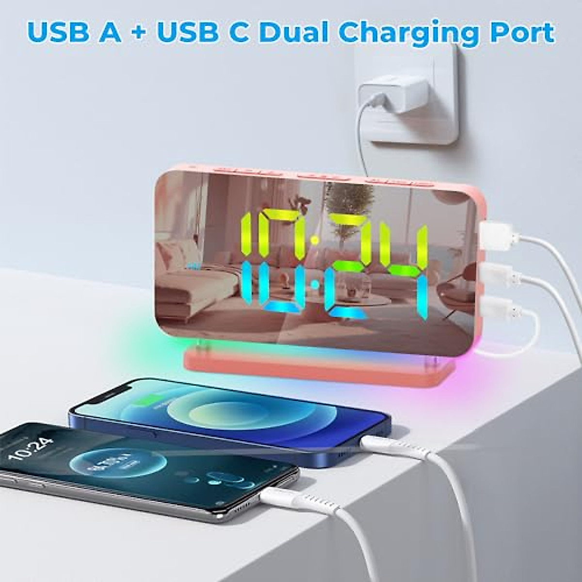 Poeroa RGB Digital Alarm Clock,7.4 in LED Desk Clock with Night Light,USB C Charger Port,Auto Dimming,Acrylic Mirror Clock for Teens Girl Adults Bedroom Decor - Pink
