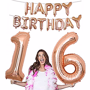 16th Birthday Decorations Party Supplies, Jumbo Rose Gold Foil Balloons for Birthday Party Supplies,Anniversary Events Decorations and Graduation Decorations Sweet 16 Party,16th Anniversary