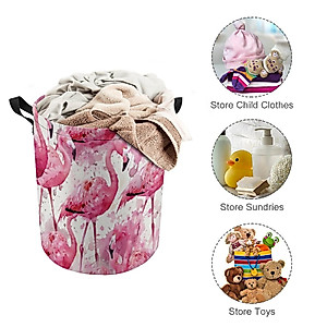 Watercolor Pink Flamingo Laundry Basket with Lid Collapsible Drawstring Clothes Hamper Storage with Handle