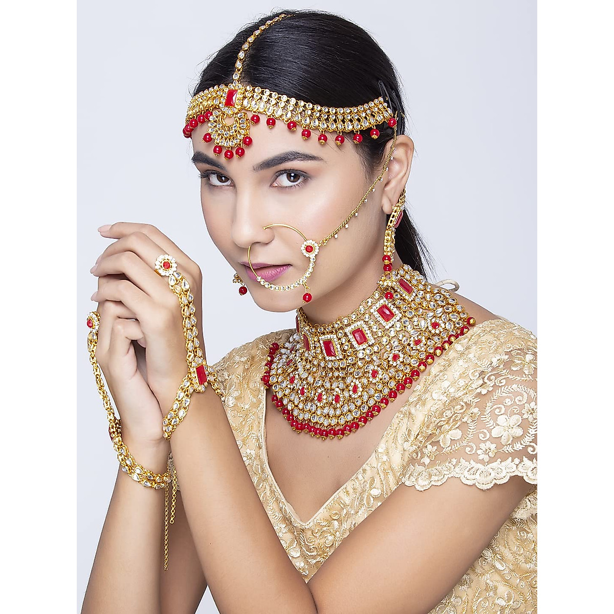 Steorra jewels Traditional Wedding Indian Bollywood Bridal Jewelry Set | Red Long Choker | Necklace, Earrings, Maang Tikka, Nath Paasa & Hath Phool in Faux Kundan Beads