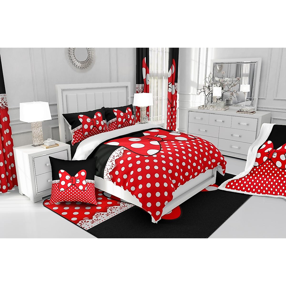Homewish Bowknot Comforter Set Twin Size,White Dots Bedding Set 2pcs for Kids Teens Girls Boys Room Decor,Romantic Princess Style Quilt Set Red and Black Duvet Insert with 1 Pillowcase