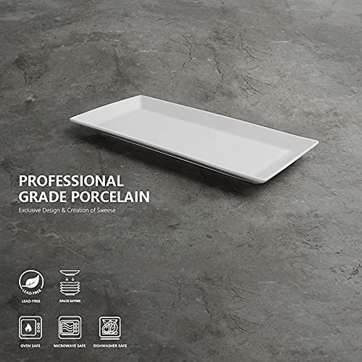 Sweese 705.101 12 Inch Porcelain Rectangular Plates, White Serving Trays for Parties - Stackable, Set of 4