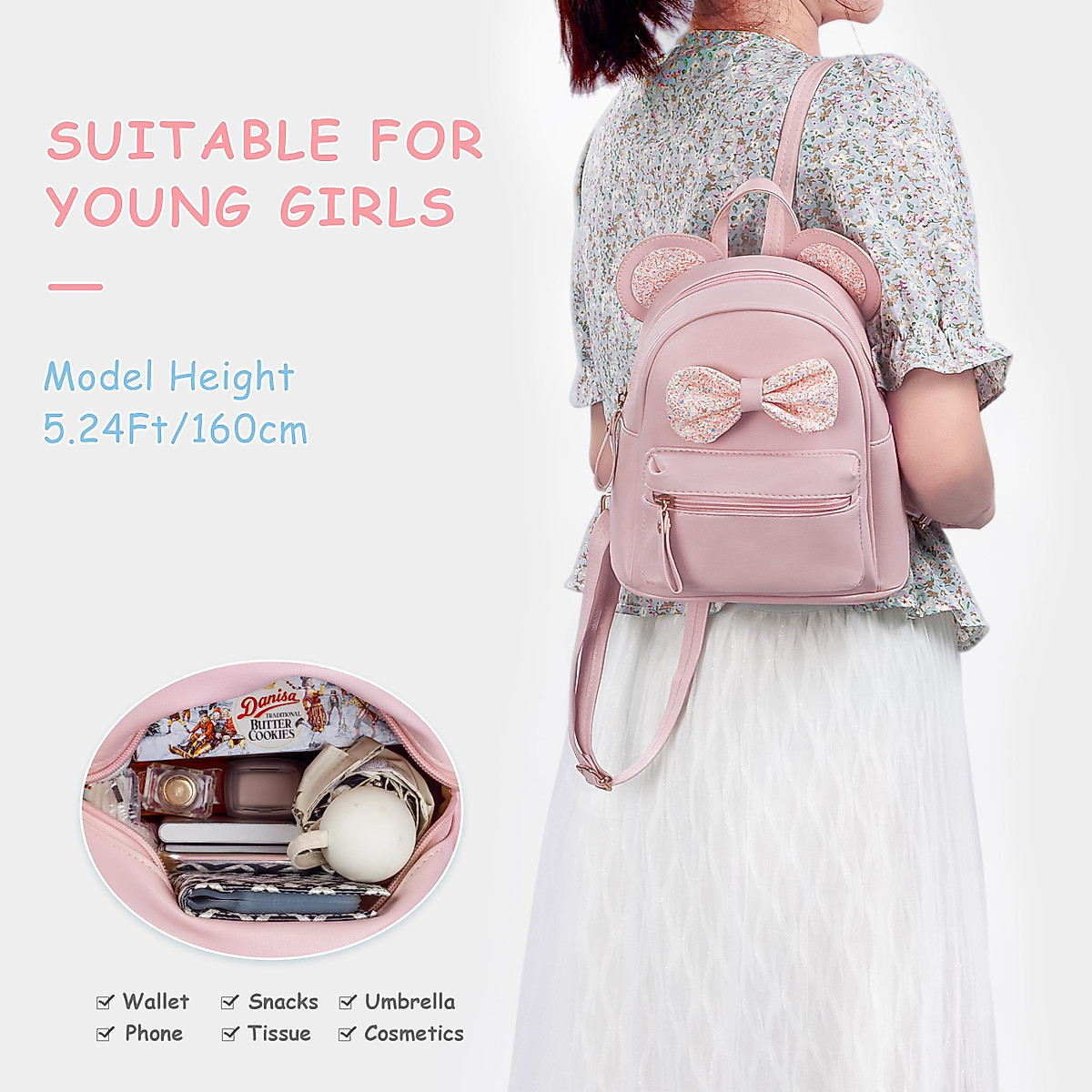 Mini Backpack for Girls Cute Bowknot Toddler Backpack Purse Cartoon Mouse Ears Purse Mini Backpack for Teen Girls