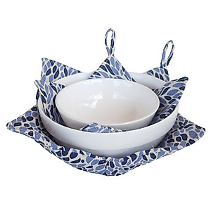 CUSHYSTORE 2 Bowl Cozies Cotton Holders Heat and Cold Resistant Anti-Scalding Protector 8.5" Large 7.5" Small - Navy Leave