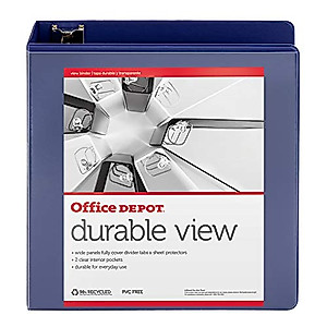Office Depot® Brand Durable D-Ring View Binder, 3" Rings, 60% Recycled, Blue